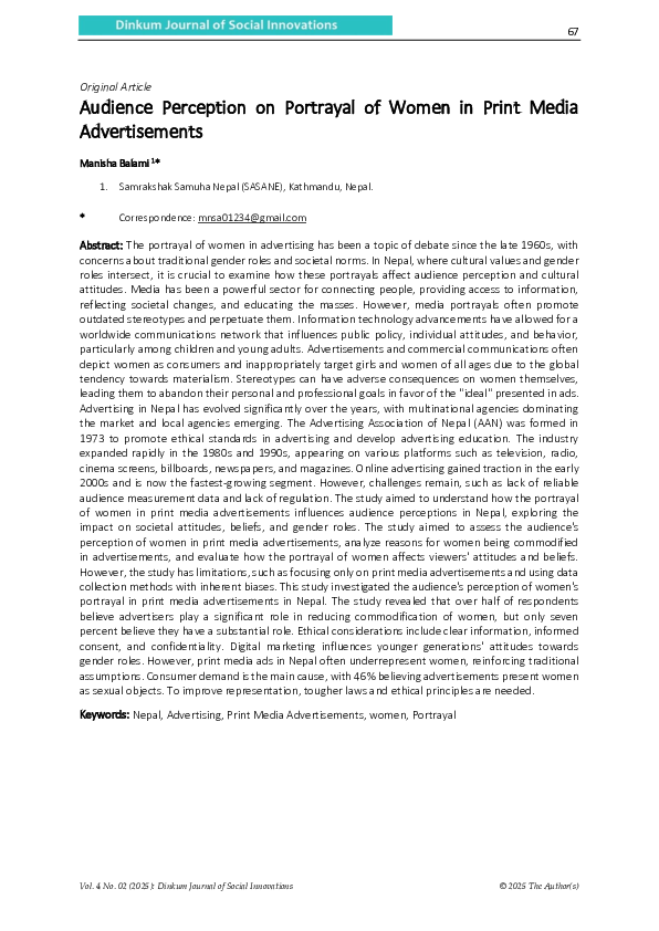 (PDF) Audience Perception on Portrayal of Women in Print Media ...