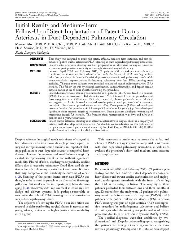 (PDF) Initial results and medium-term follow-up of stent implantation ...