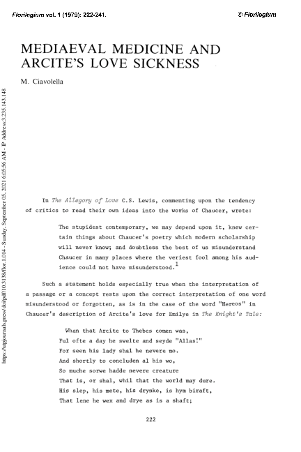(PDF) Mediaeval Medicine and Arcite’s Love Sickness
