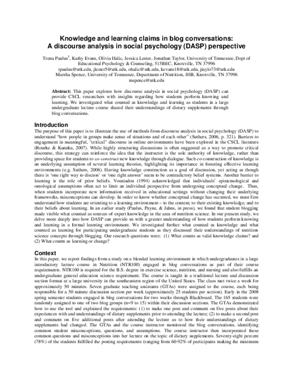 (PDF) Knowledge and learning claims in blog conversations