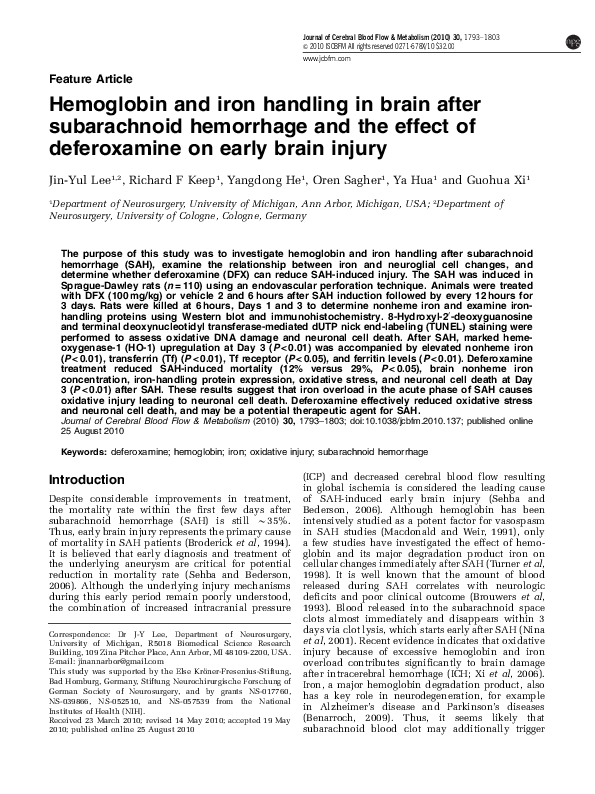 (PDF) Hemoglobin and Iron Handling in Brain after Subarachnoid ...