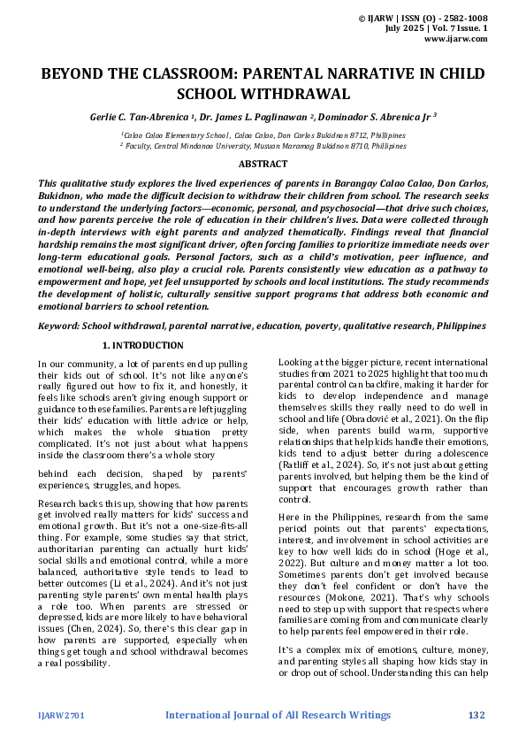 (PDF) BEYOND THE CLASSROOM: PARENTAL NARRATIVE IN CHILD SCHOOL WITHDRAWAL