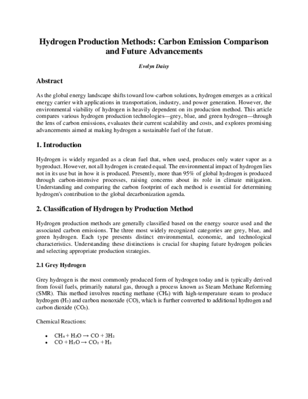 (PDF) Hydrogen Production Methods: Carbon Emission Comparison and ...