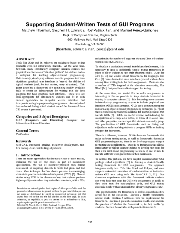 (PDF) Supporting student-written tests of gui programs