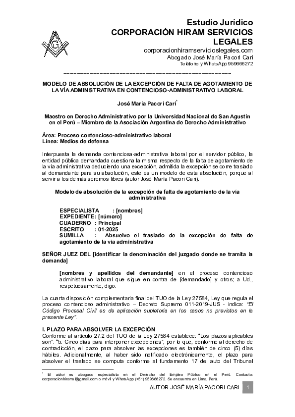 (PDF) MODELO ABSOLUCIÓN EXCEPCIÓN FALTA AGOTAMIENTO VÍA ADMINISTRATIVA CONTENCIOSO - AUTOR JOSÉ ...