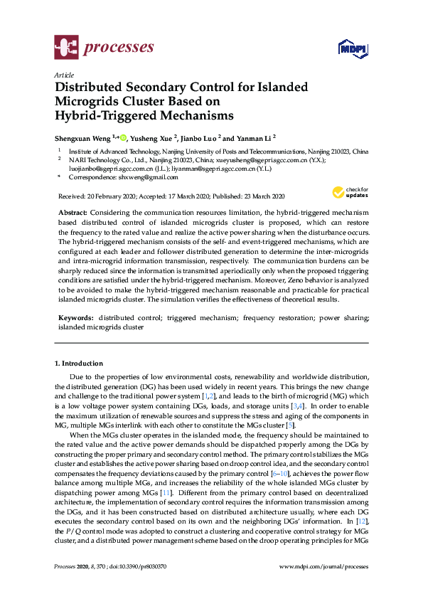 (PDF) Distributed Secondary Control for Islanded Microgrids Cluster Based on Hybrid-Triggered ...