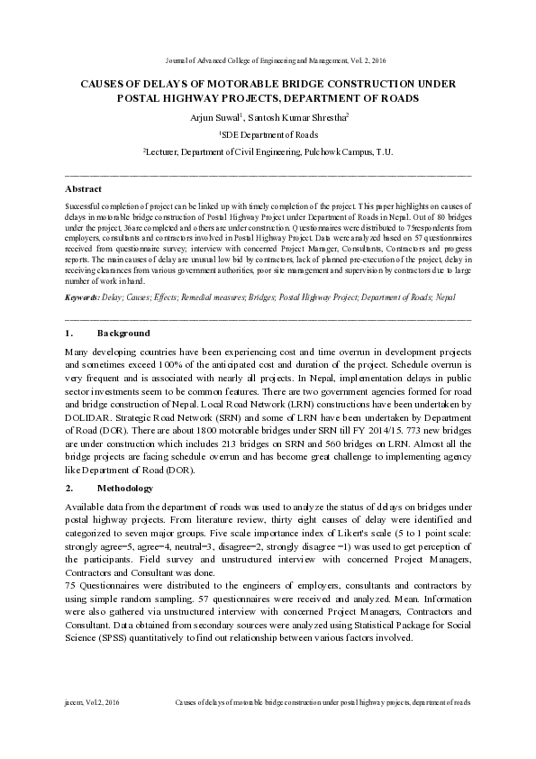 (PDF) Causes of Delays of Motorable Bridge Construction Under Postal ...