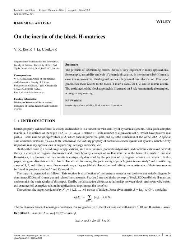 (PDF) On the inertia of the block H-matrices