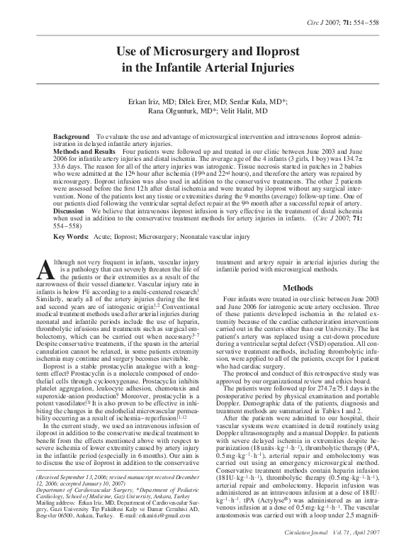 (PDF) Use of Microsurgery and Iloprost in the Infantile Arterial Injuries