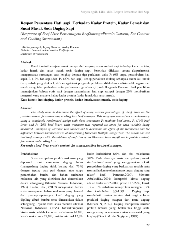 (PDF) Respon Persentase Hati sapi Terhadap Kadar Protein, Kadar Lemak ...