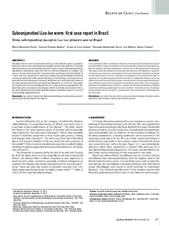 (PDF) Subconjunctival Loa loa worm: first case report in Brazil