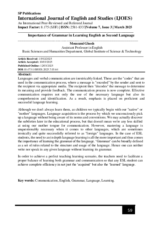 (PDF) Importance of Grammar in Learning English as Second Language
