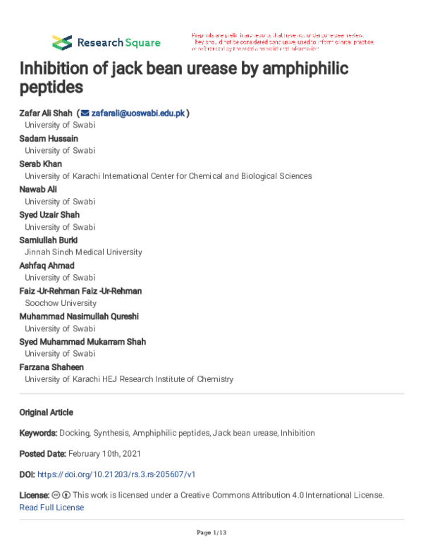 (PDF) Inhibition of jack bean urease by amphiphilic peptides