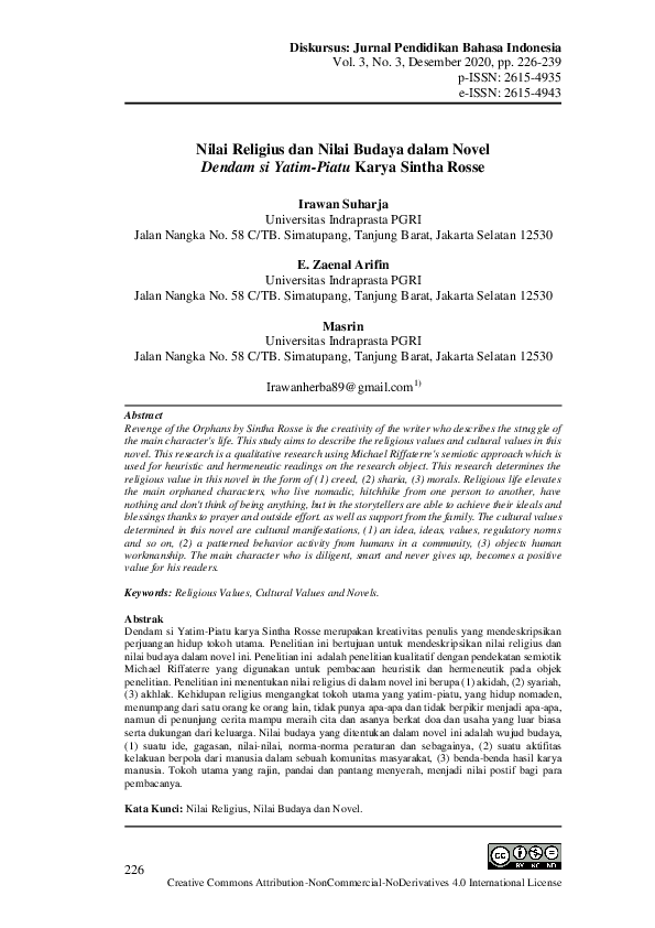 (PDF) Nilai Religius dan Nilai Budaya dalam Novel Dendam si Yatim-Piatu ...