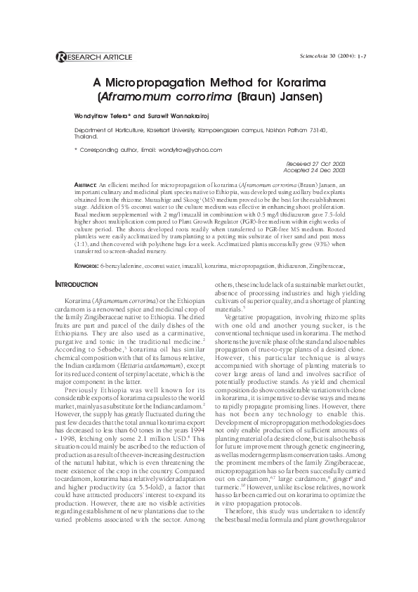 (PDF) A Micropropagation Method for Korarima ( Aframomum corrorima ...