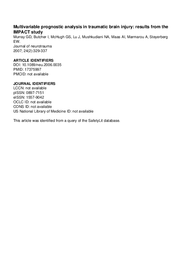 (PDF) Multivariable Prognostic Analysis in Traumatic Brain Injury: Results from The IMPACT Study