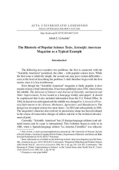 (PDF) The Rhetoric of Popular Science Texts. Scientific American ...