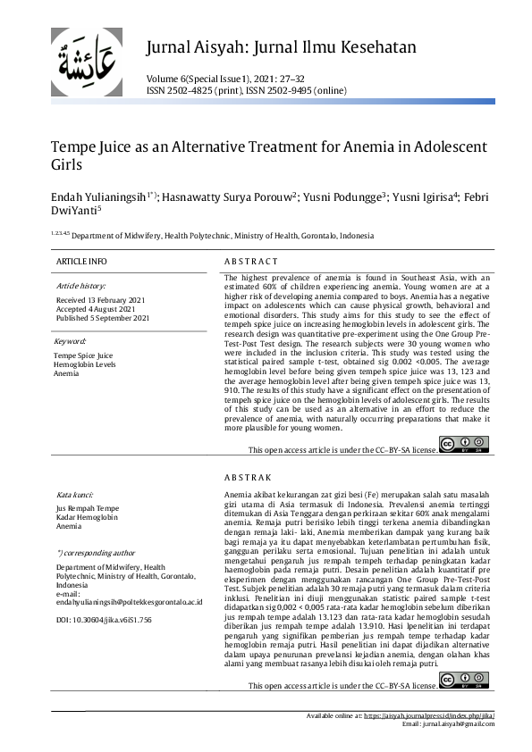(PDF) Tempe Juice As An Alternative Treatment For Anemia In Adolescent ...