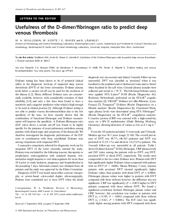 (PDF) Usefulness of the D‐dimer/fibrinogen ratio to predict deep venous ...