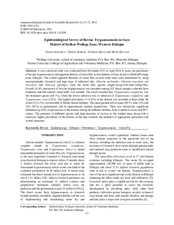 (PDF) Epidemiological Survey of Bovine Trypanosomosis in Sayo District ...