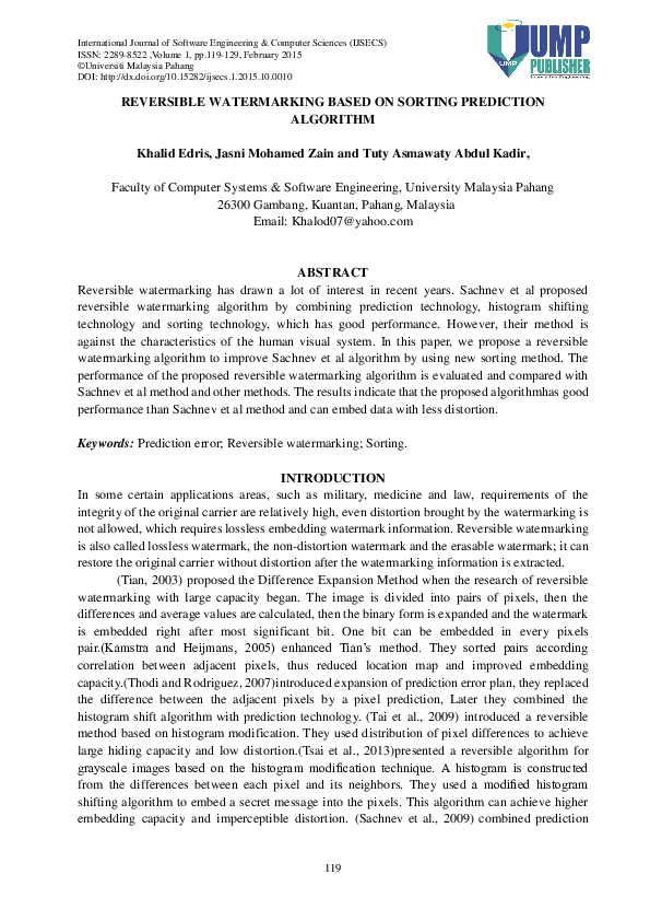 (PDF) Reversible Watermarking Based on Sorting Prediction Algorithm