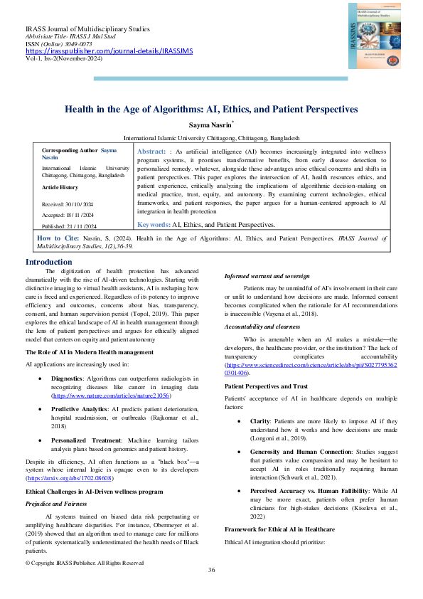 (PDF) Health in the Age of Algorithms: AI, Ethics, and Patient Perspectives