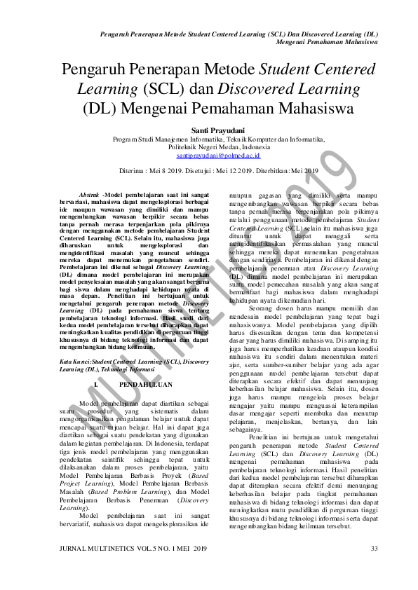 (PDF) Pengaruh Penerapan Metode Student Centered Learning (SCL) Dan Discovered Learning (DL ...