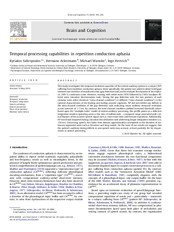 (PDF) Temporal processing capabilities in repetition conduction aphasia