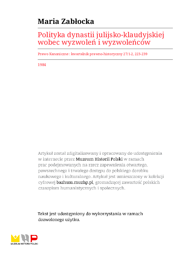 (PDF) Polityka dynastii julijsko-klaudyjskiej wobec wyzwoleń i wyzwoleńców