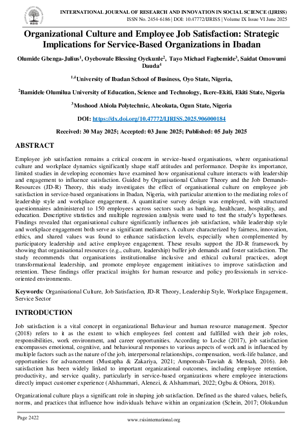 (PDF) Organizational Culture and Employee Job Satisfaction: Strategic ...