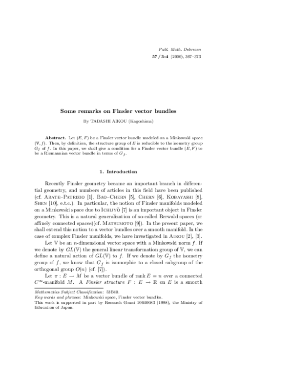 (PDF) Some remarks on Finsler vector bundles