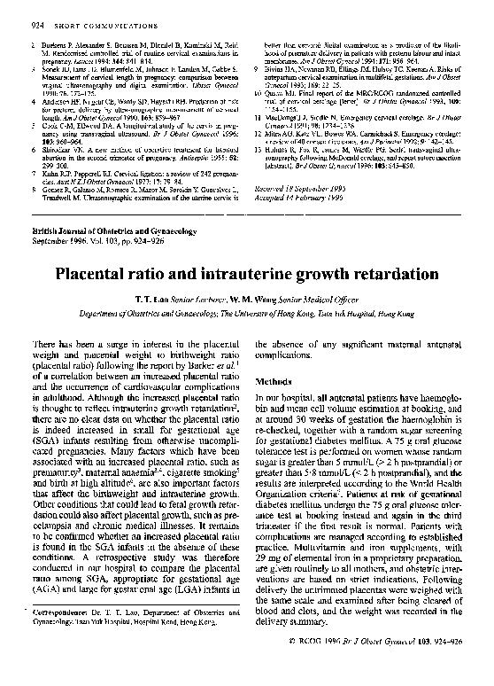 (PDF) Placental ratio and intrauterine growth retardation
