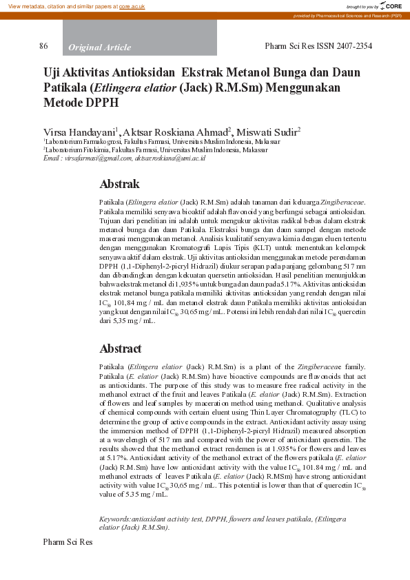 (PDF) Uji Aktivitas Antioksidan Ekstrak Metanol Bunga dan Daun Patikala ...