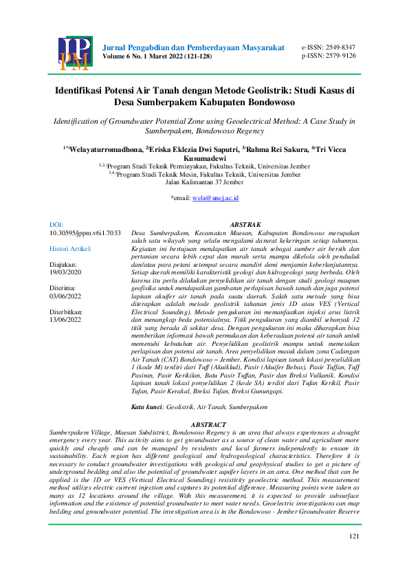 (PDF) Identifikasi Potensi Air Tanah dengan Metode Geolistrik: Studi Kasus di Desa Sumberpakem ...
