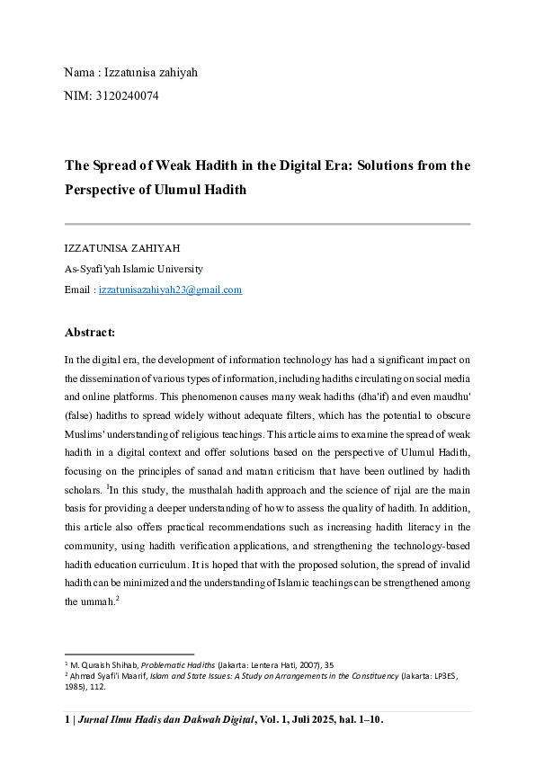 (PDF) The Spread of Weak Hadith in the Digital Era: Solutions from the ...