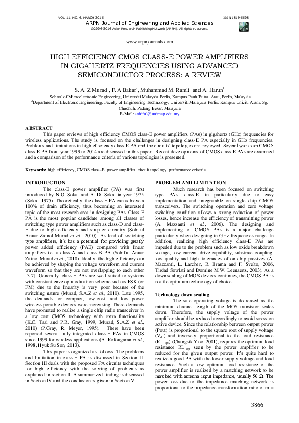 (PDF) High Efficiency CMOS Class-E Power Amplifiers in Gigahertz Frequencies: A Review