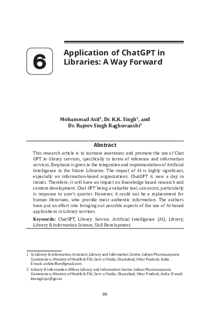 (PDF) Application of ChatGPT in Libraries: A Way Forward