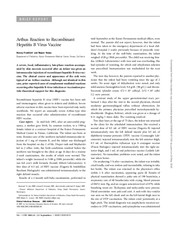 (PDF) Arthus Reaction to Recombinant Hepatitis B Virus Vaccine
