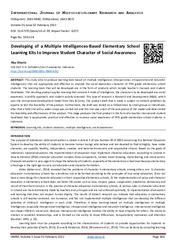 (PDF) Developing of a Multiple Intelligences-Based Elementary School ...