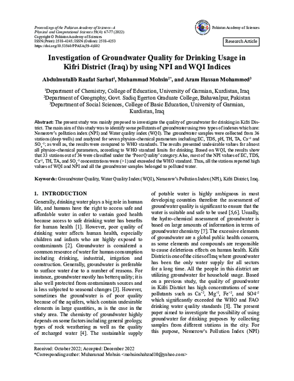 (PDF) Investigation of Groundwater Quality for Drinking Usage in Kifri ...
