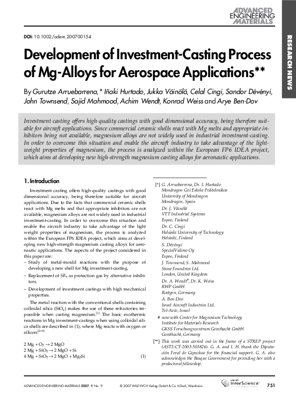 (PDF) Development of Investment‐Casting Process of Mg‐Alloys for ...