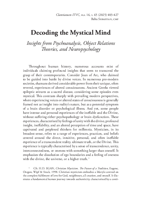 (PDF) Decoding the Mystical Mind. Insights from Psychoanalysis, Object ...