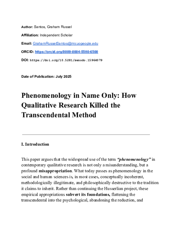 (PDF) Phenomenology in Name Only: How Qualitative Research Killed the ...