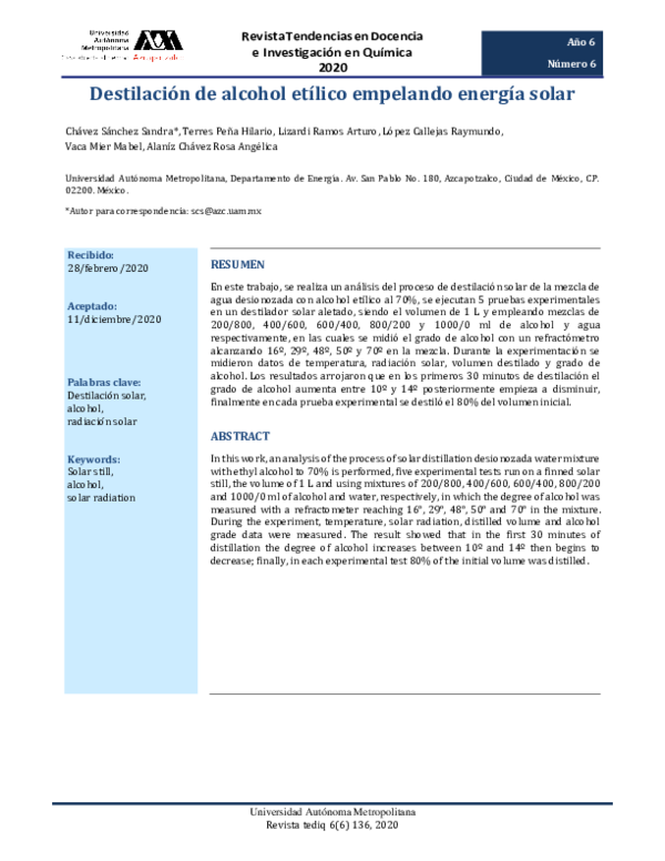 (PDF) Destilación de alcohol etílico empelando energía solar