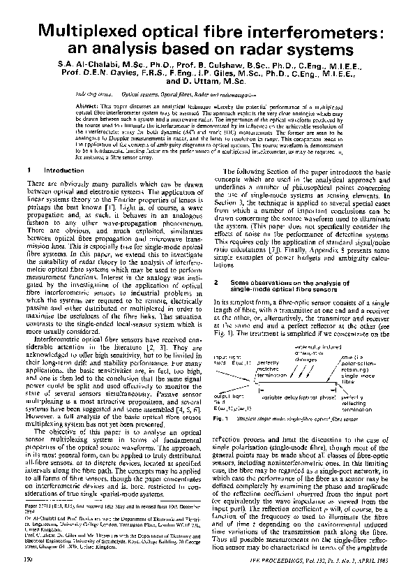 (PDF) Multiplexed optical fibre interferometers: an analysis based on radar systems