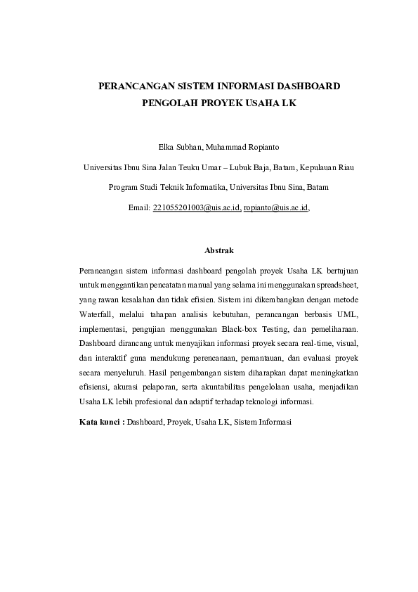 (PDF) PERANCANGAN SISTEM INFORMASI DASHBOARD PENGOLAH PROYEK USAHA LK