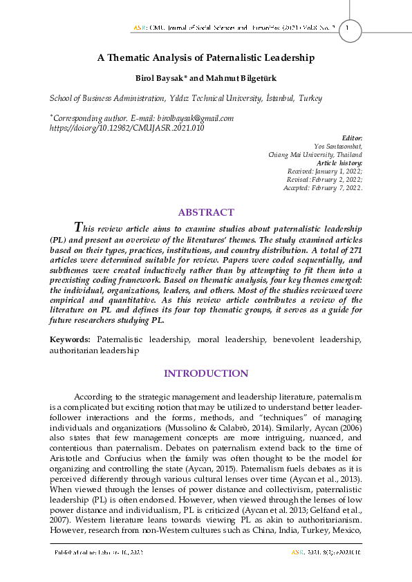 (PDF) A Thematic Analysis of Paternalistic Leadership