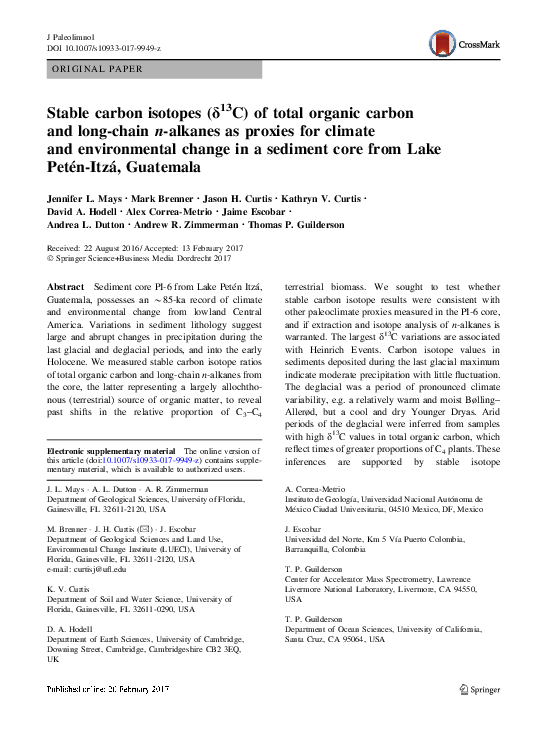 (PDF) Stable carbon isotopes (δ13C) of total organic carbon and long ...