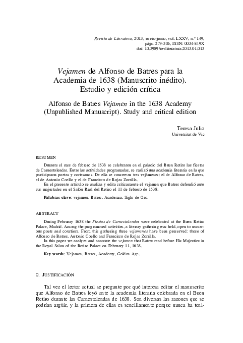 (PDF) Vejamen de Alfonso de Batres para la Academia de 1638 (Manuscrito ...