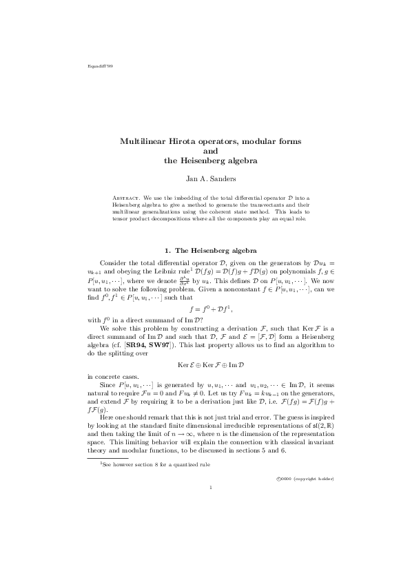 (PDF) Multilinear Hirota operators, modular forms and the Heisenberg algebra